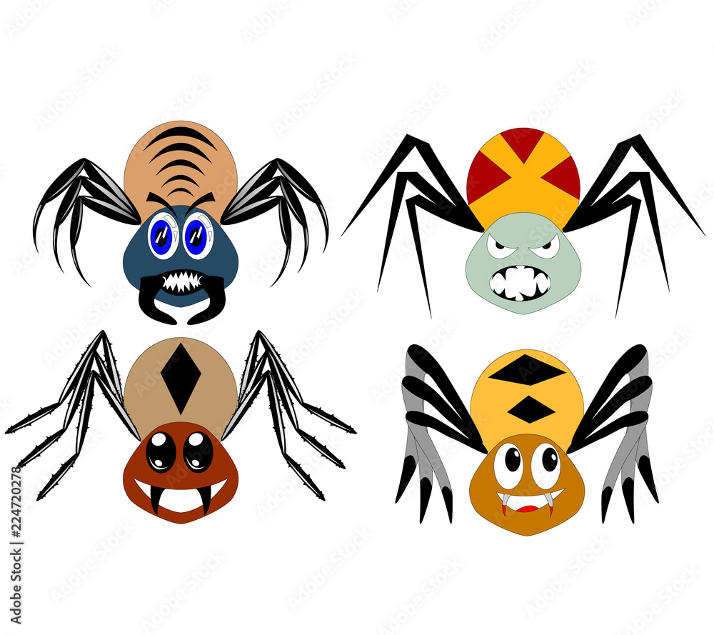 A set of four cartoon spiders of different shapes and colors Stock ...