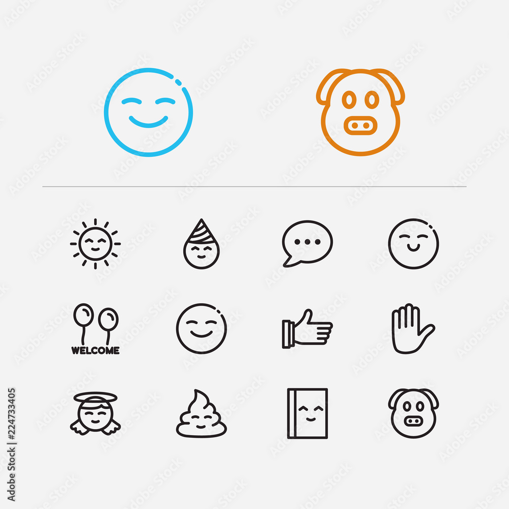 Emoji icons. Set of emoji sun, face happy and cute poop vector sign ...