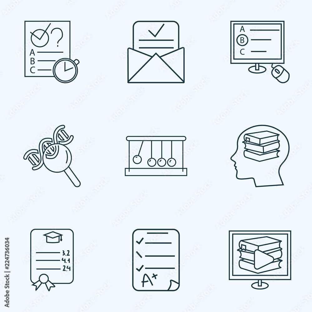 Education icons line style set with biology, kinetics, exam paper and ...