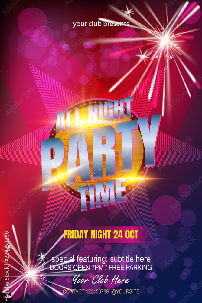 Festival Poster Template with Spotlights & Bokeh. Concert, Party, Dance ...