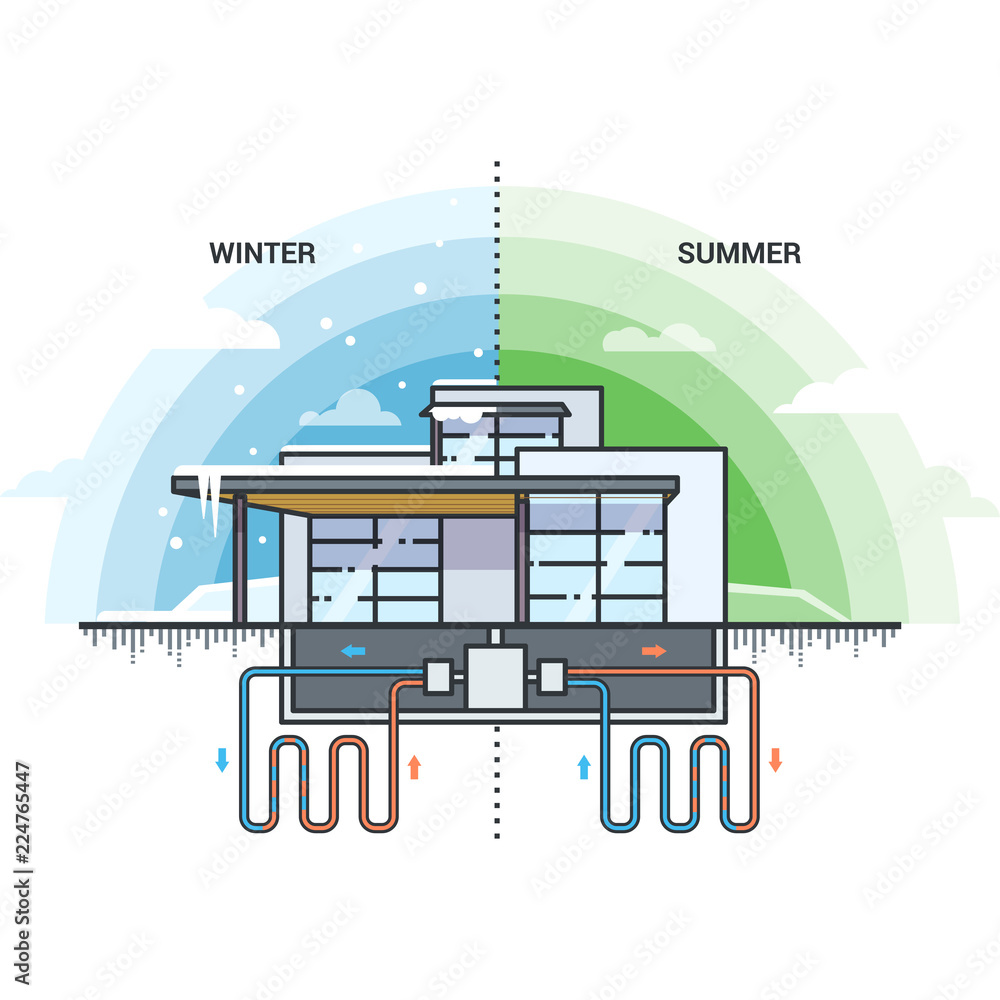 Vector illustration of modern house with system of using of geothermal ...