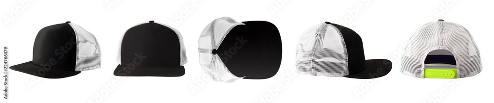Collection of front, side, back and top views of black baseball cap or ...