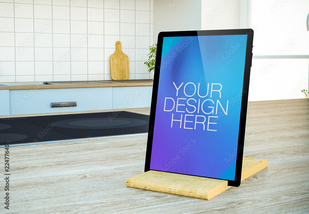 Tablet on Kitchen Counter Mockup Stock Template | Adobe Stock