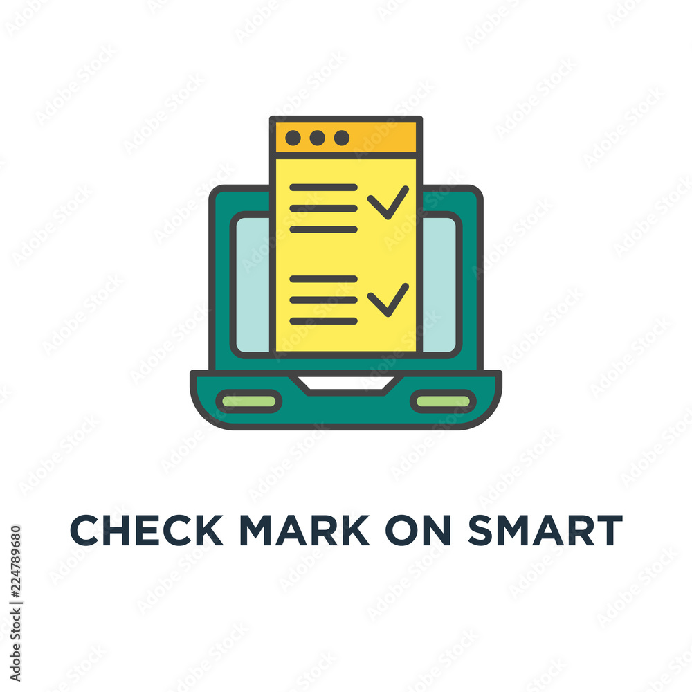 check mark on smart icon, symbol of phone screen, hand holding phone ...