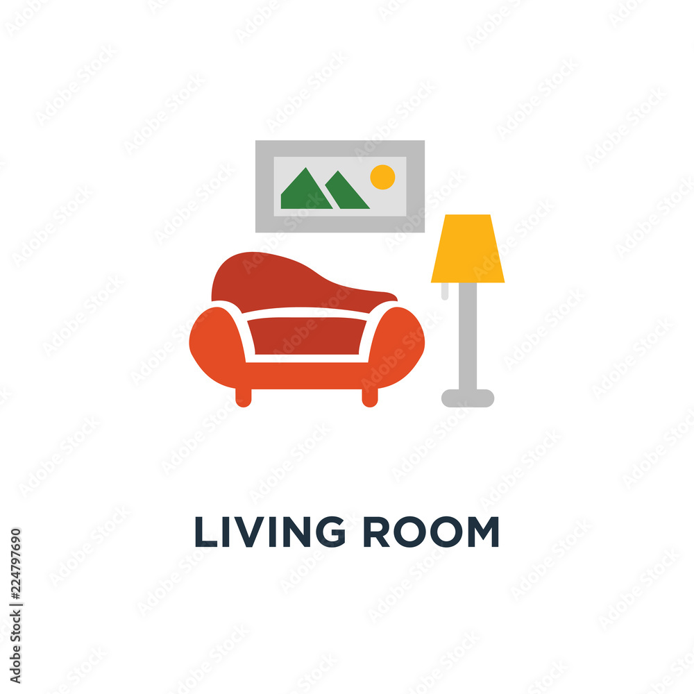 living room interior design icon. sofa and floor lamp concept symbol ...