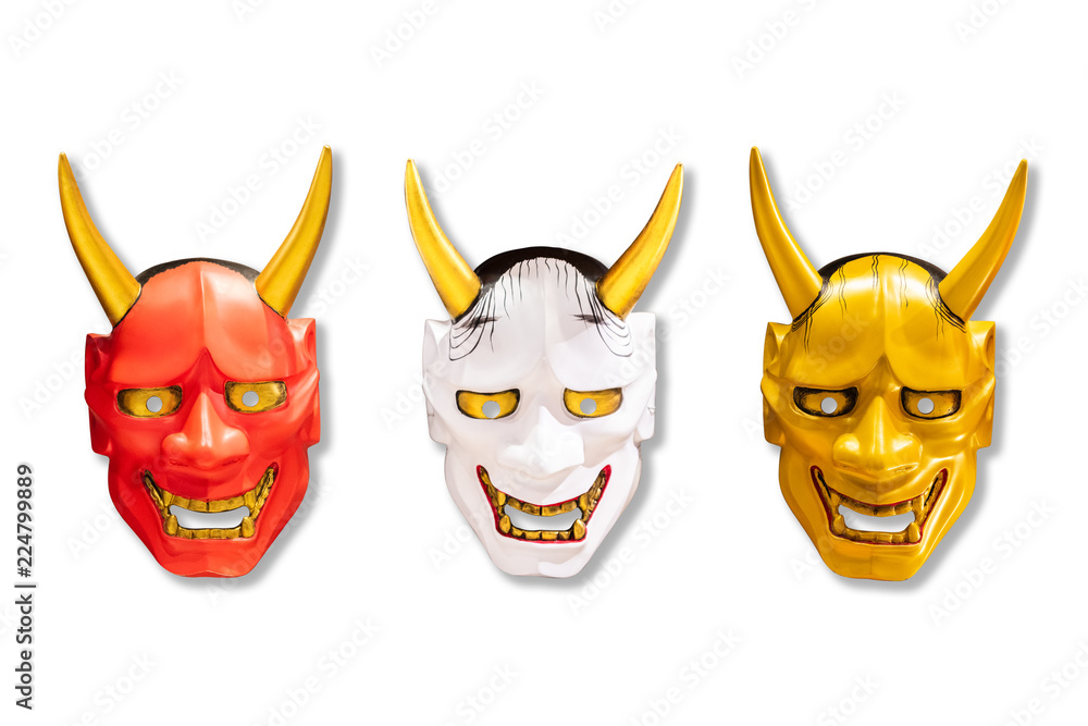 Collection of Traditional Japanese red, white and golden devil mask ...