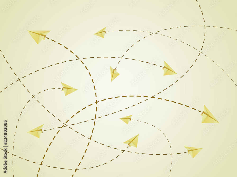 Golden color flight routes of paper plane or aircraft with crossing ...