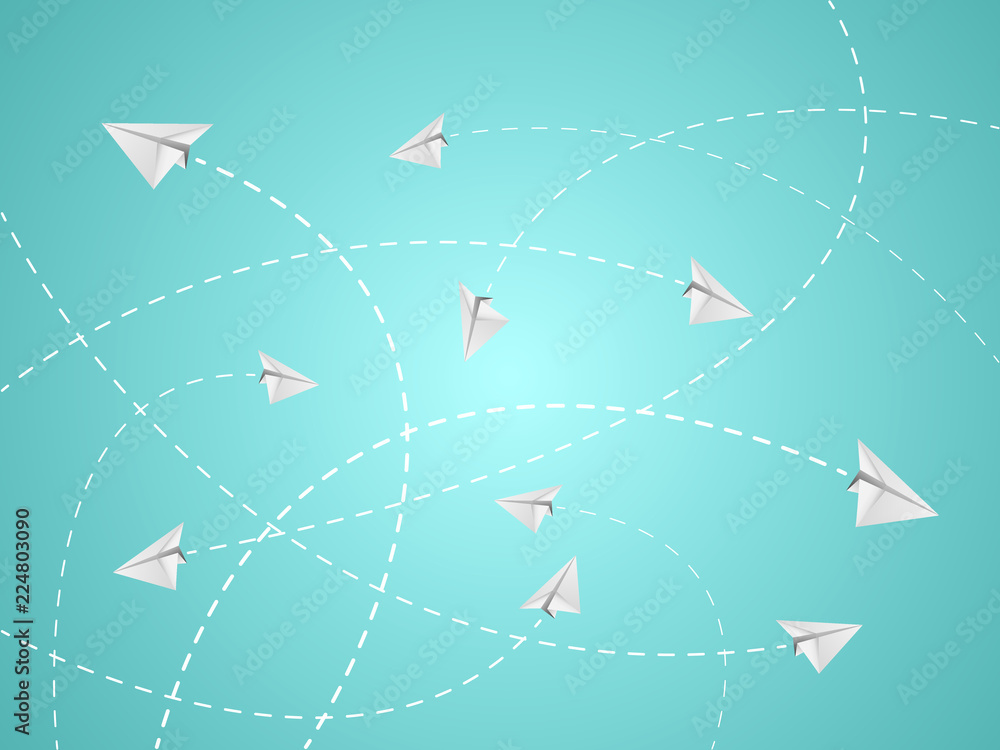 White color flight routes of paper plane or aircraft with crossing ...