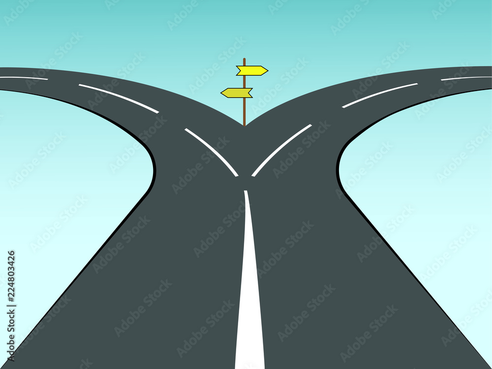 Two way street with direction signs for future step in business vector ...
