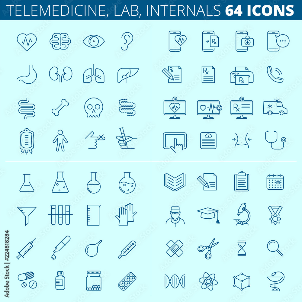 Medicine, health, telemedicine, internal organ line icons. Vector ...