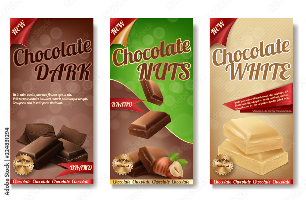 Vector realistic collection of chocolate packaging. Labels of tasty ...