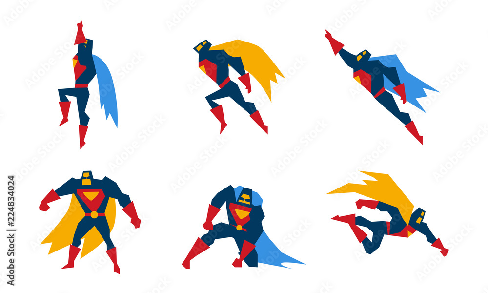 Superheroes set, superman character men with super powers vector ...