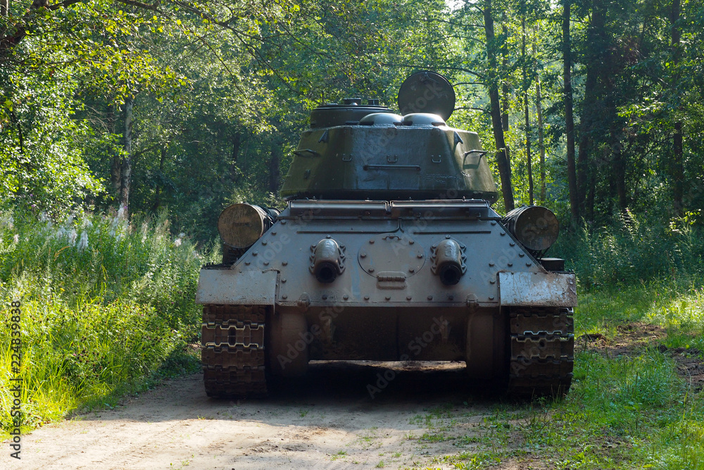 Russian rare tank of world war II in the forest. The legendary retro ...