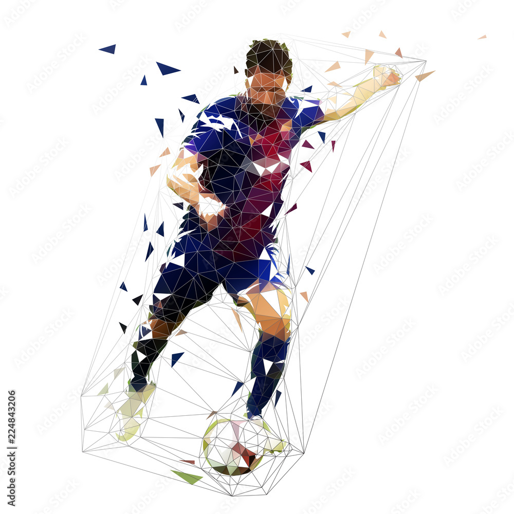 Football player in dark blue jersey kicking ball, abstract low poly ...
