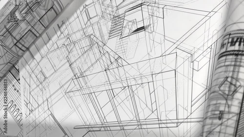 Blueprints - rolls of architectural drawings smoothly rotate on the ...