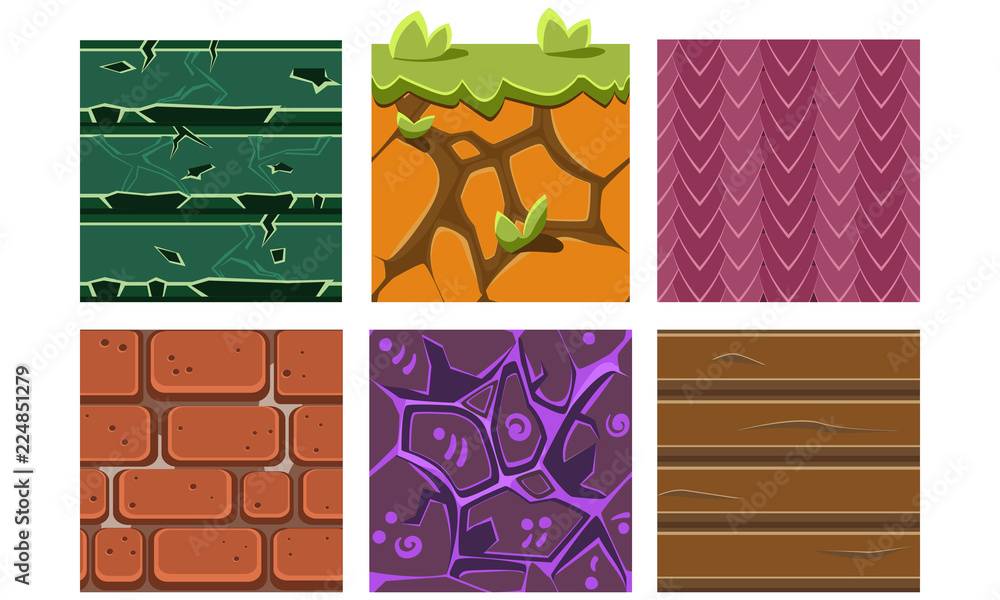 Flat vector set of seamless textures and materials for games. Dry soil ...