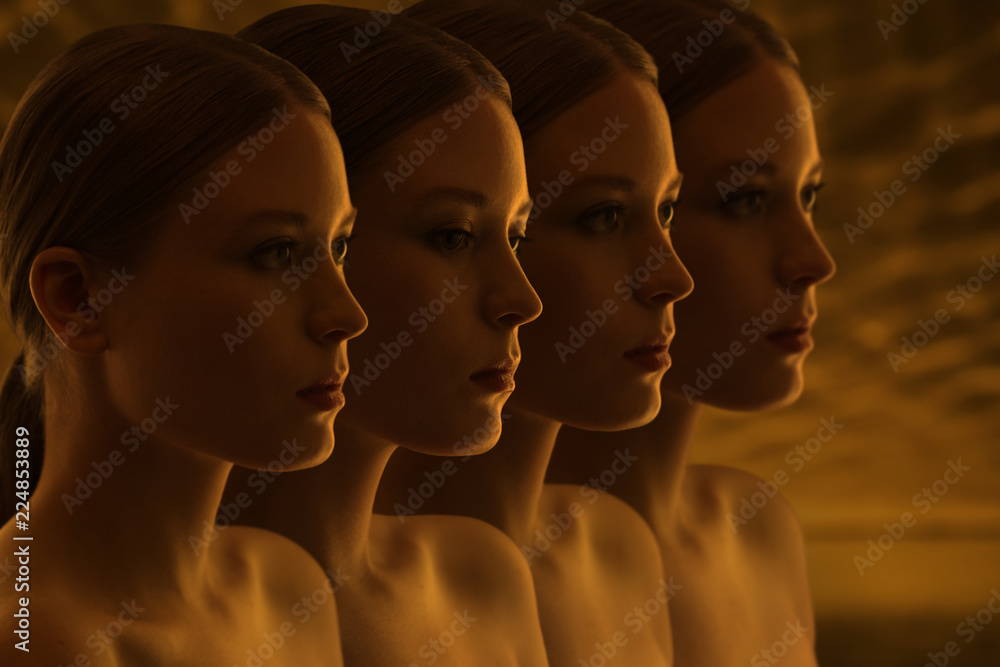 Mysterious faces of girls. Doubts and reflections. Dark group portrait ...