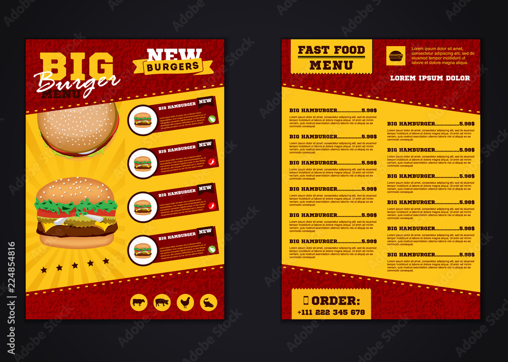 Fast food menu brochure design vector template in A4 size. flyer, baner ...