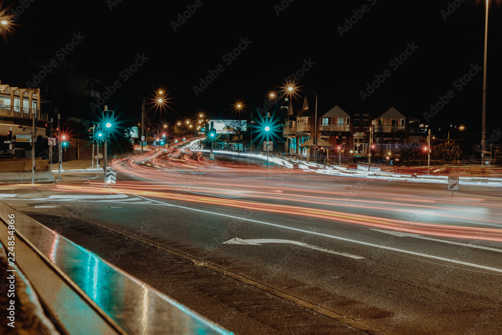 Traffic lights on intersection in night time Stock Photo | Adobe Stock