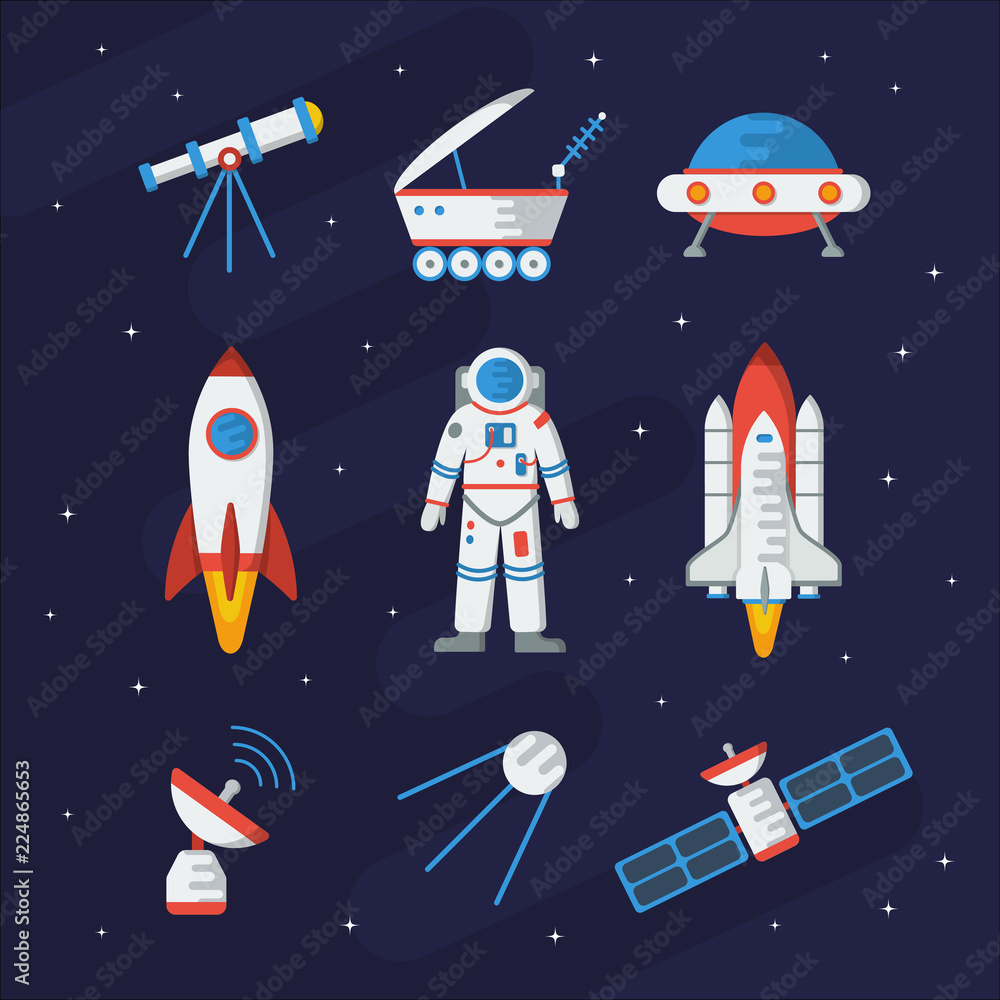Space equipment set for you design: rocket, telescope, astronaut, radar ...