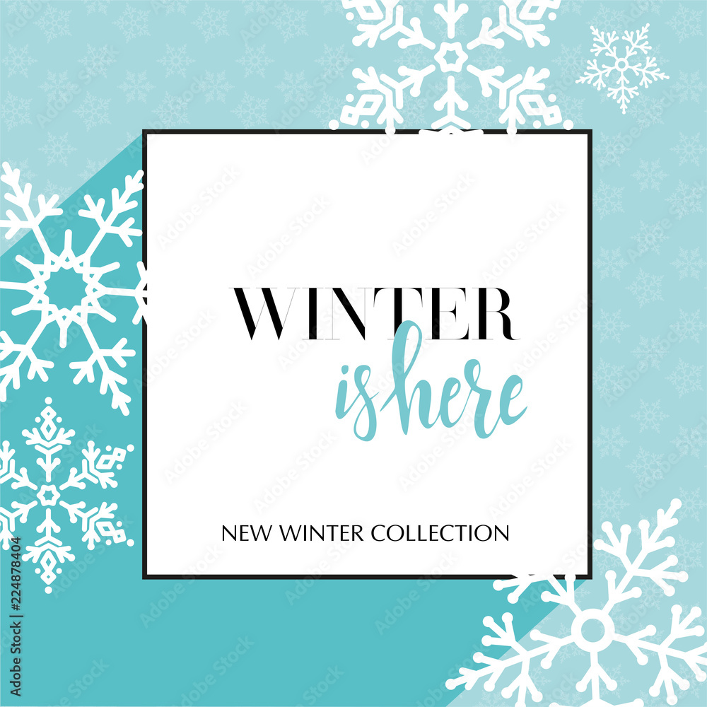 Design banner with lettering winter is here logo. Light blue Card for ...