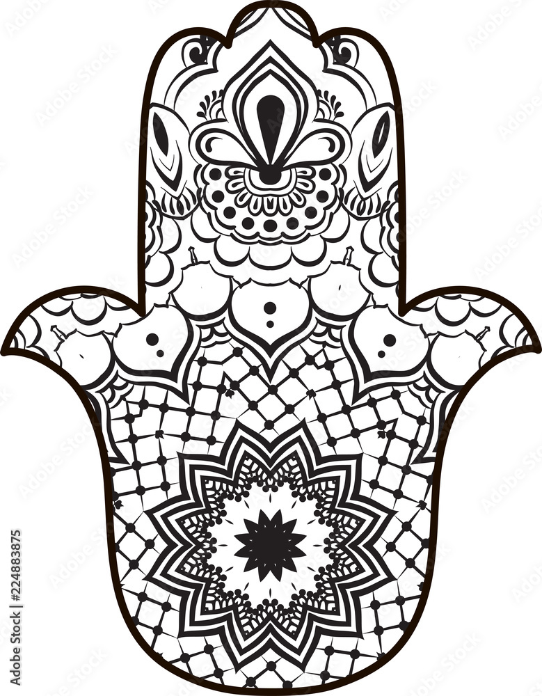 drawing of a line art Hand of Fatima Hamsa with round ethnic black and ...