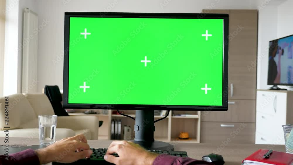 First person view - man hands typing on computer keyboard with big ...