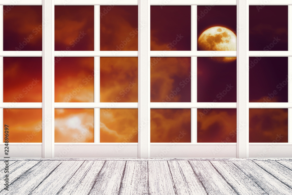 Room interior with window and night sky with mysterious clouds and red ...
