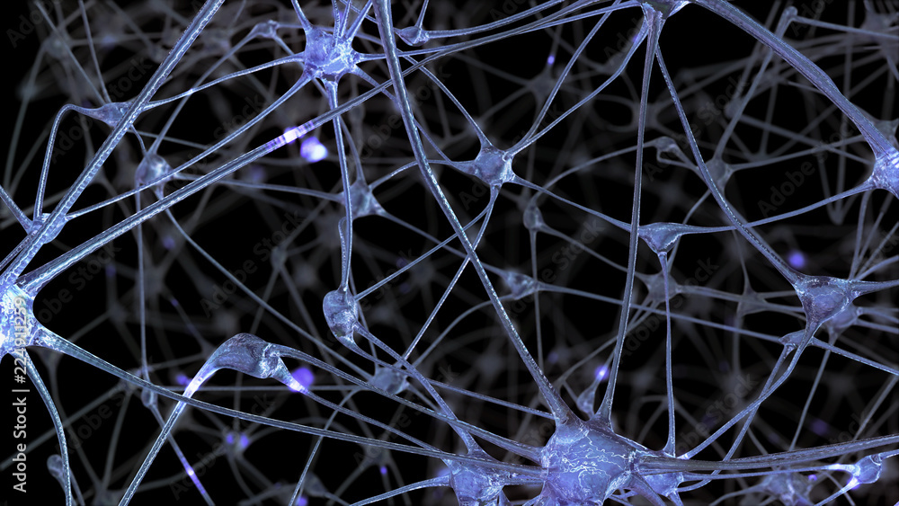 3D rendering of a network of neuron cells and synapses in the brain through which electrical ...