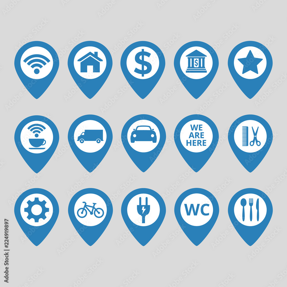 Map pin location icons set on gray background. Stock Vector | Adobe Stock