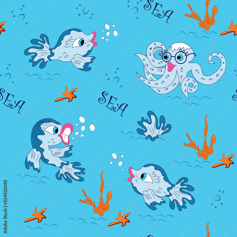 vector drawing of the sea with cute fish and octopus. hand-drawn ...