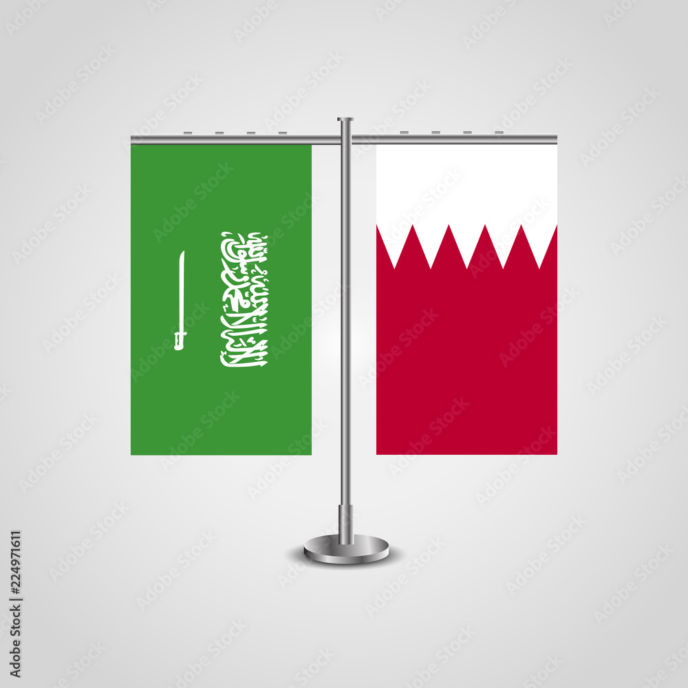 Table stand with flags of Saudi Arabia and Bahrain.Two flag. Flag pole ...