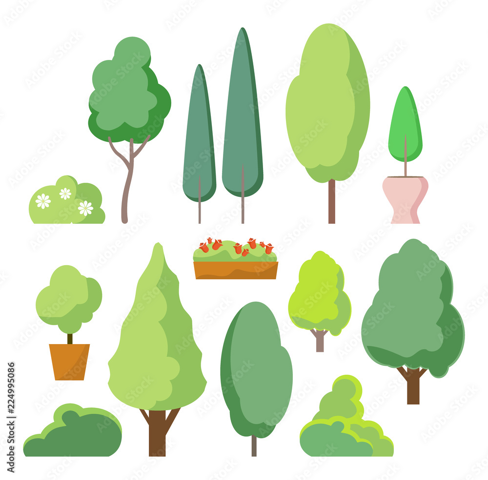 Cartoon bush and tree set. Vector trees and bushes isolated on white ...