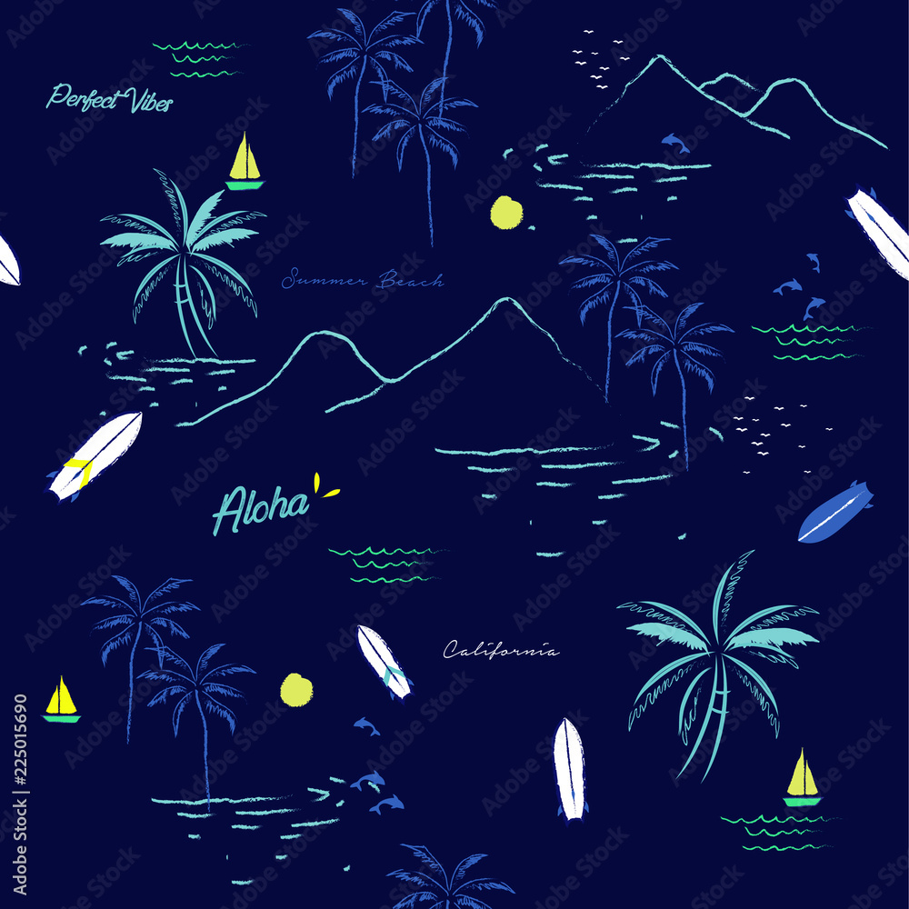 Beautiful seamless island patternon navy blue background. Landscape ...