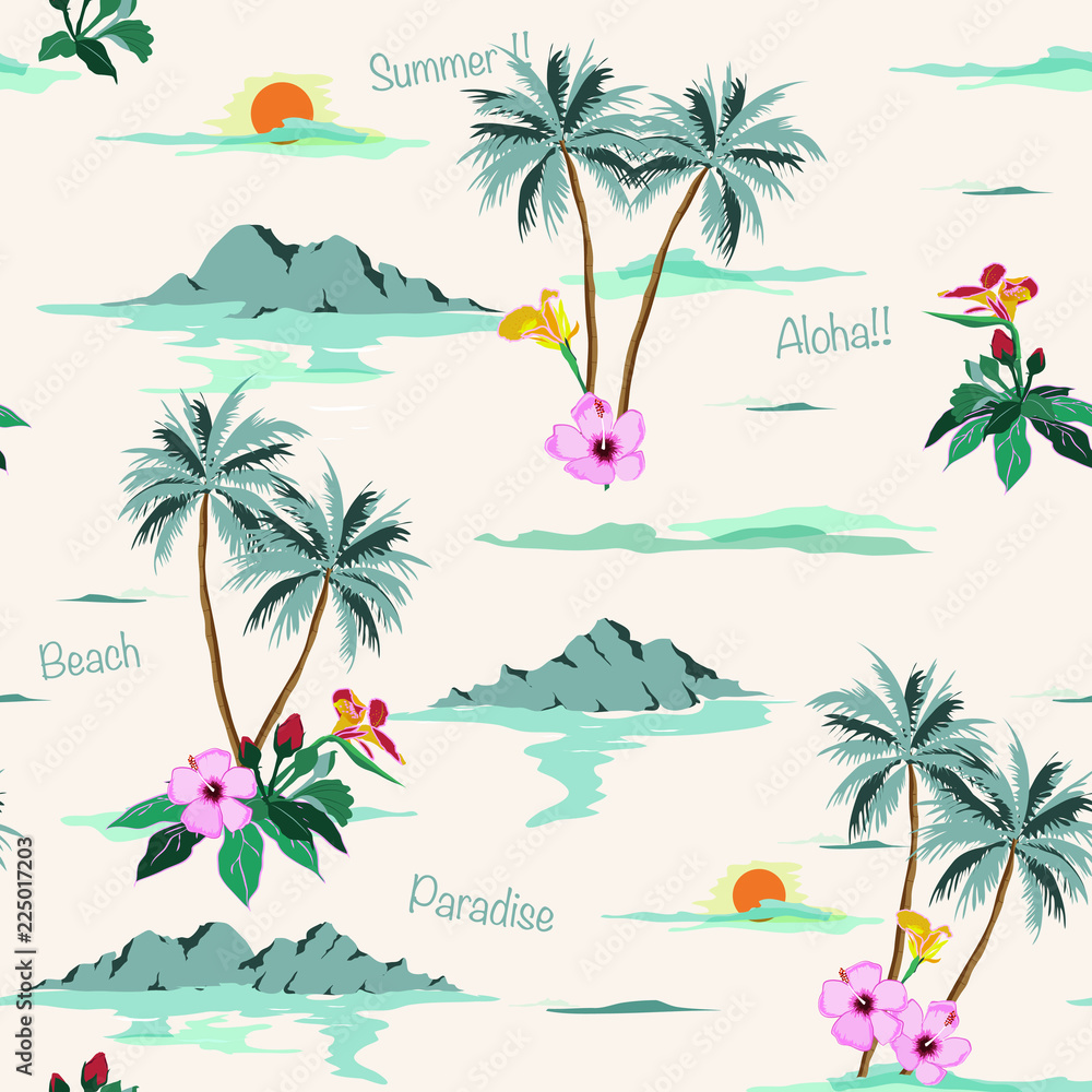 Beautiful seamless island pattern on light beige background. Landscape ...