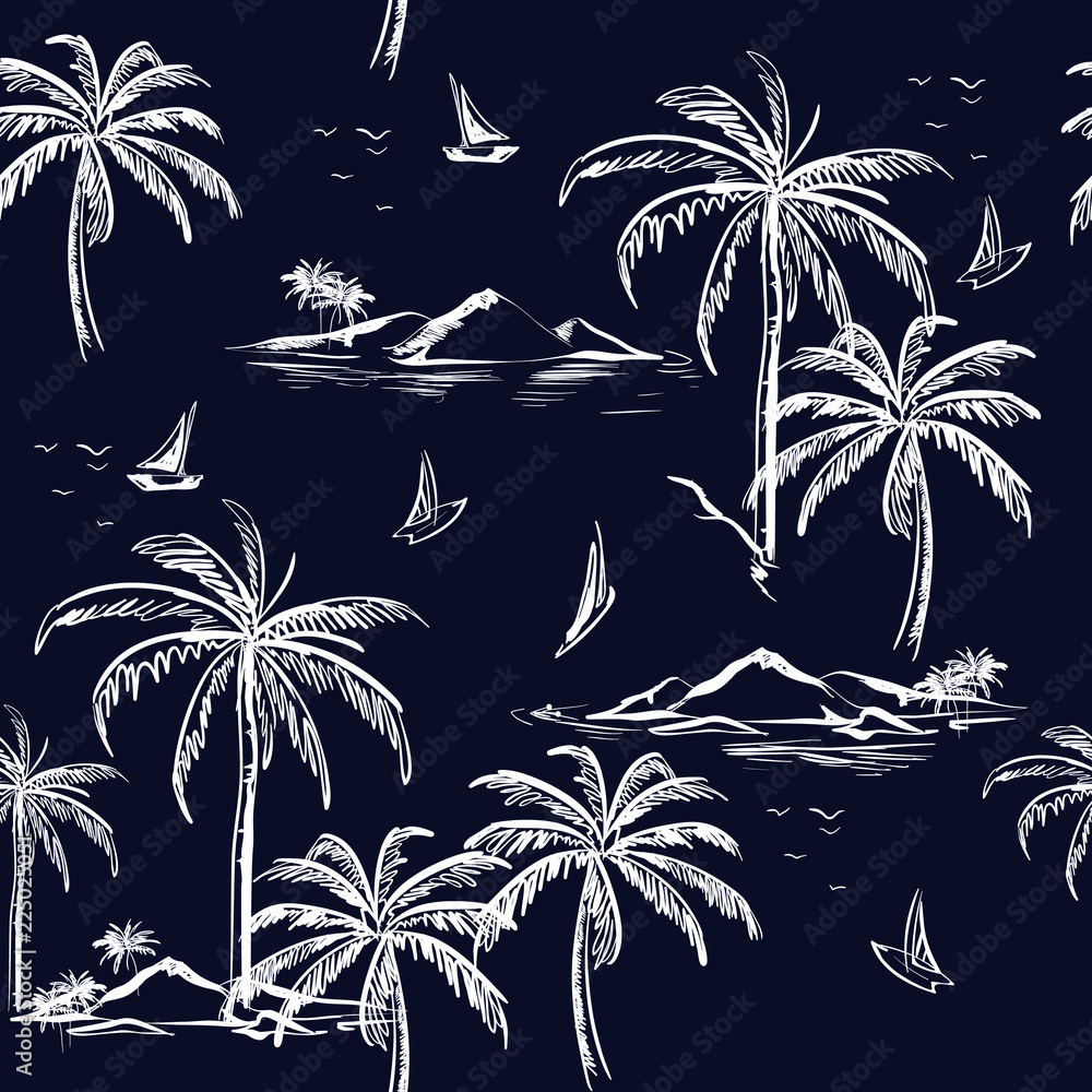 Beautiful seamless island pattern on navy blue background. Landscape ...