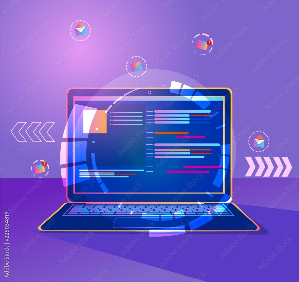 Vector illustration. Laptop, pc with vector ecommerce symbols. Business ...