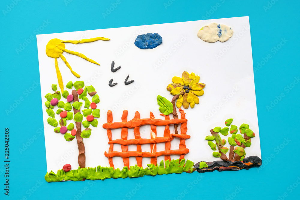 Children's modelling clay crafts. Bright summer Landscape with trees ...