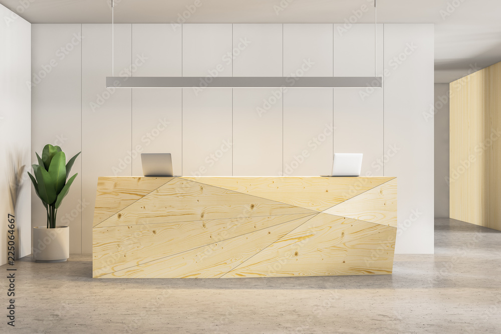 Wooden office reception desk with laptops Stock Photo | Adobe Stock