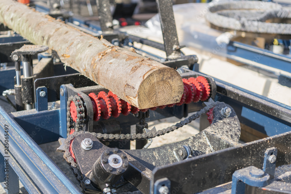 Sawmill. Process of machining logs in equipment sawmill machine saw ...