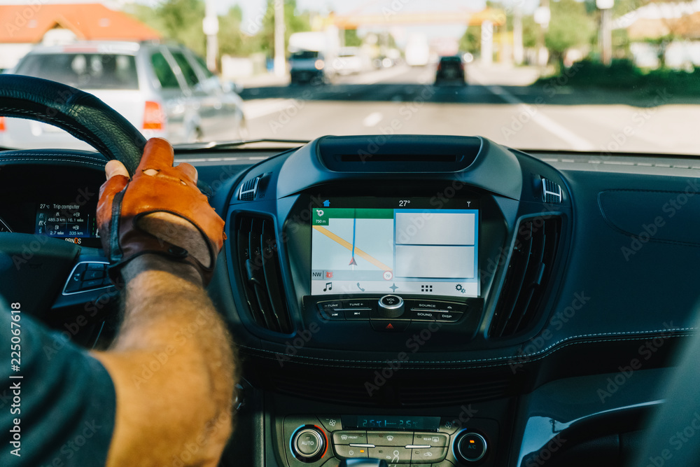 Dashboard View And GPS Map Of Modern Car With Hands Of Man Driver On ...