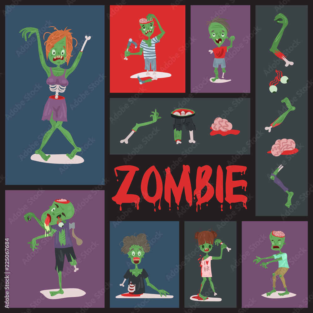 Vecctor zombie cartoon Halloween magic people body parts, green skin ...