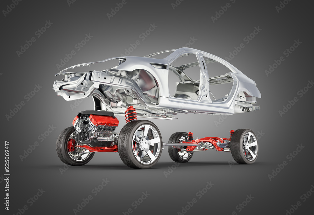 Body and suspension of the car with wheel and engine Undercarriage with ...