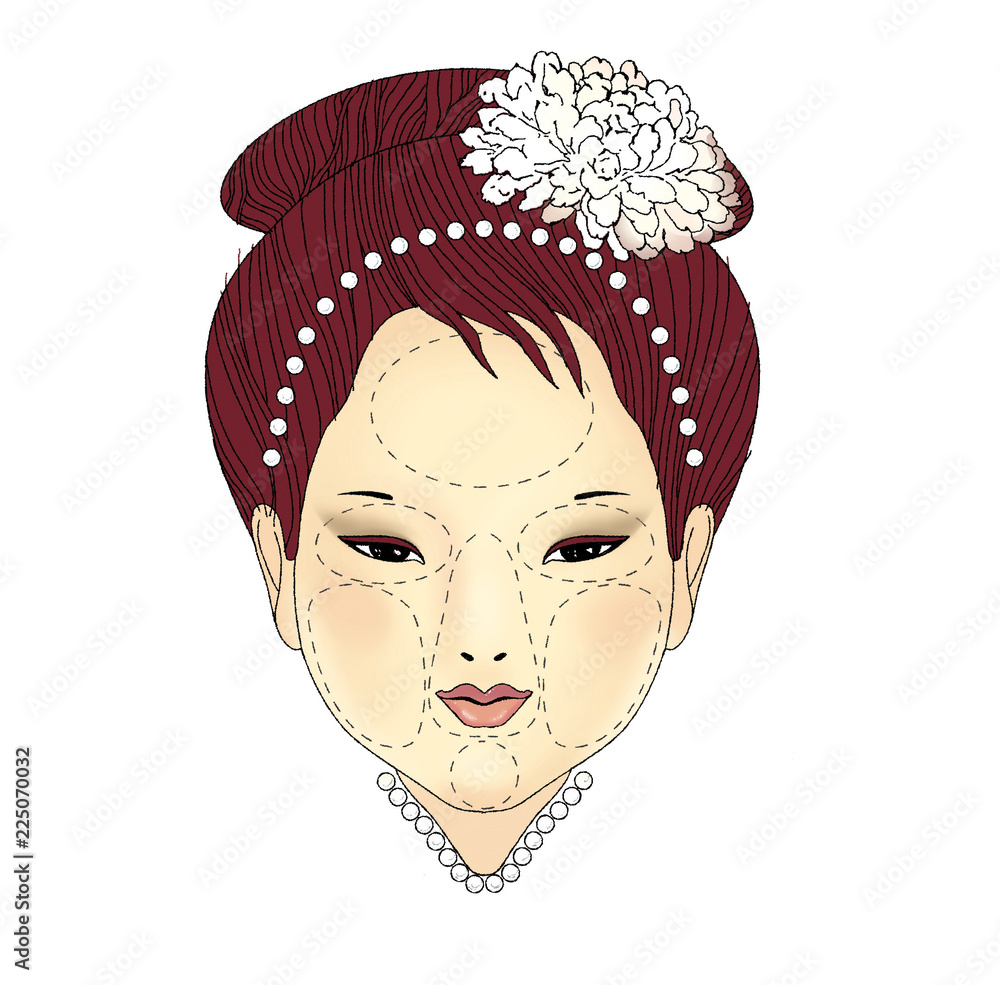 Eastern girl with a pearl necklace and a flower of chrysanthemum in her ...