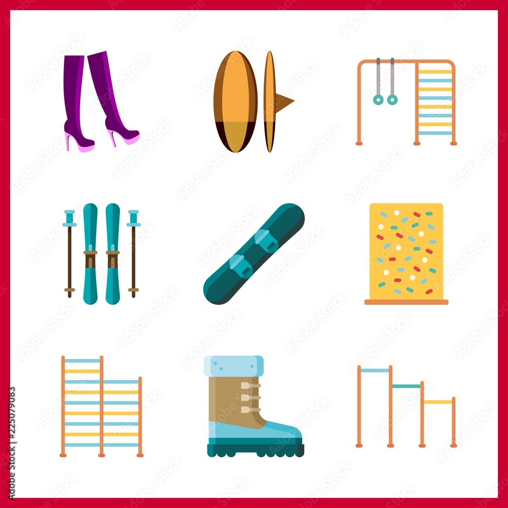 9 active icon. Vector illustration active set. surf and horizontal bar ...