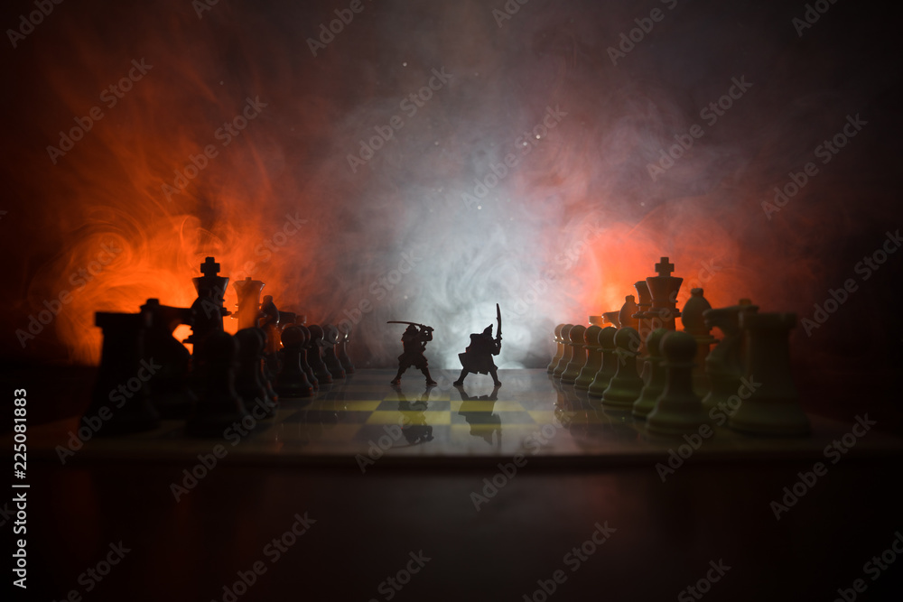 Medieval battle scene with cavalry and infantry on chessboard. Chess ...