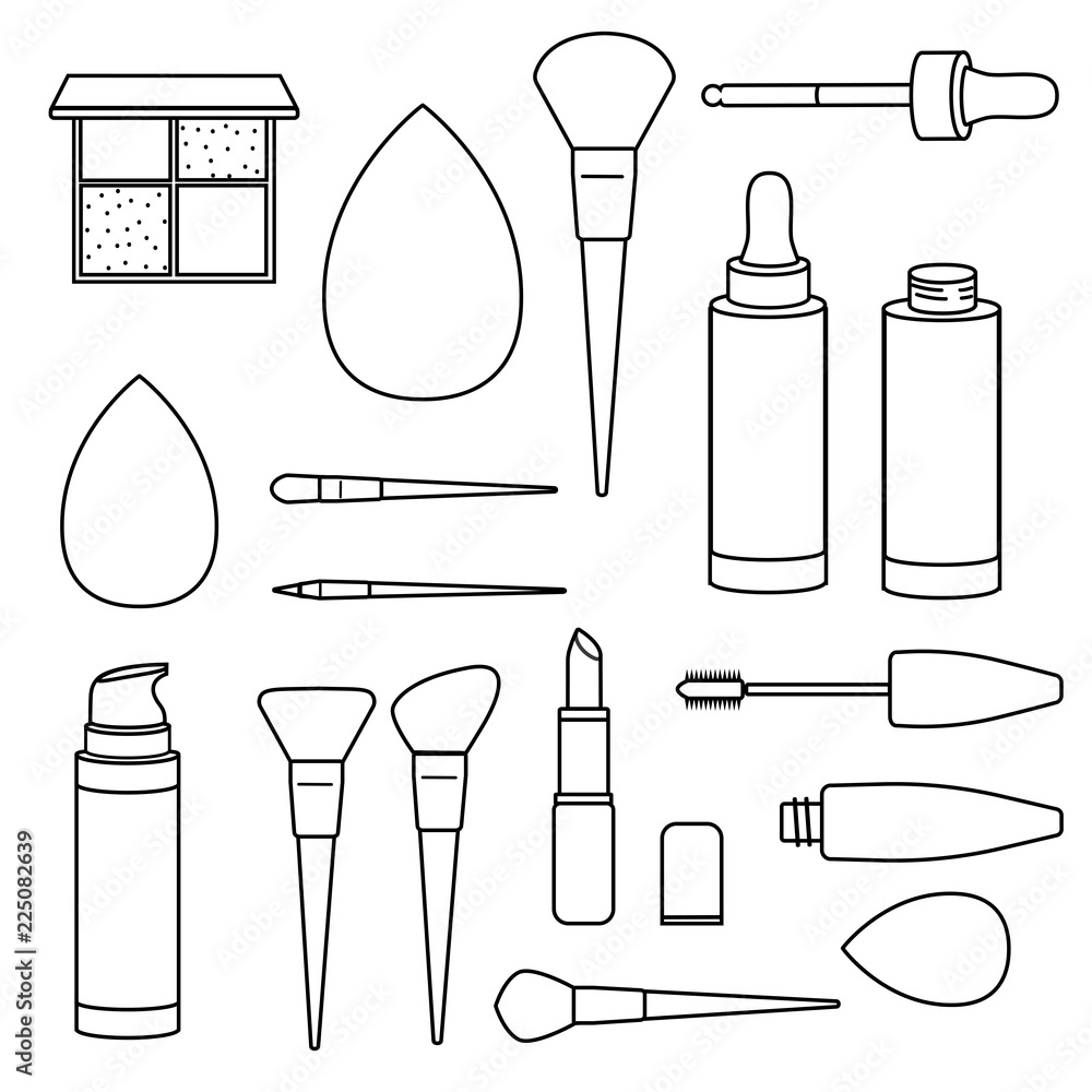 Vector fashion set. Makeup tools: blush, brow, powder brushes; dropped ...
