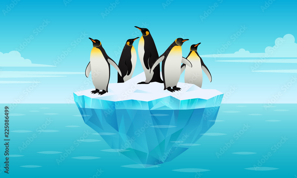 Flock of emperor penguins on ice floe in cold water. Glacier, ice brick ...
