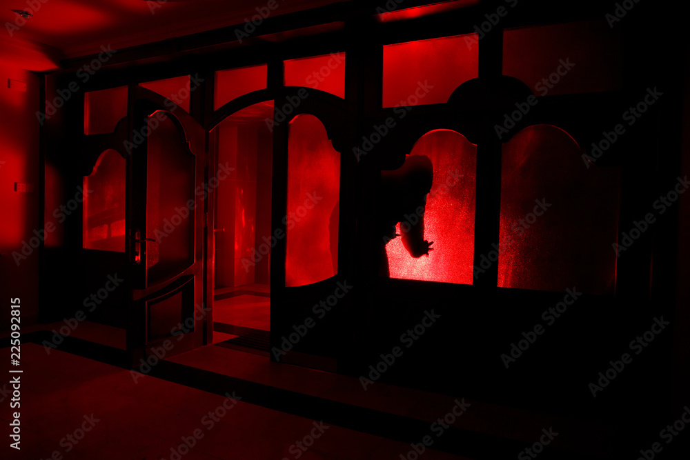 Silhouette of an unknown shadow figure on a door through a closed glass ...