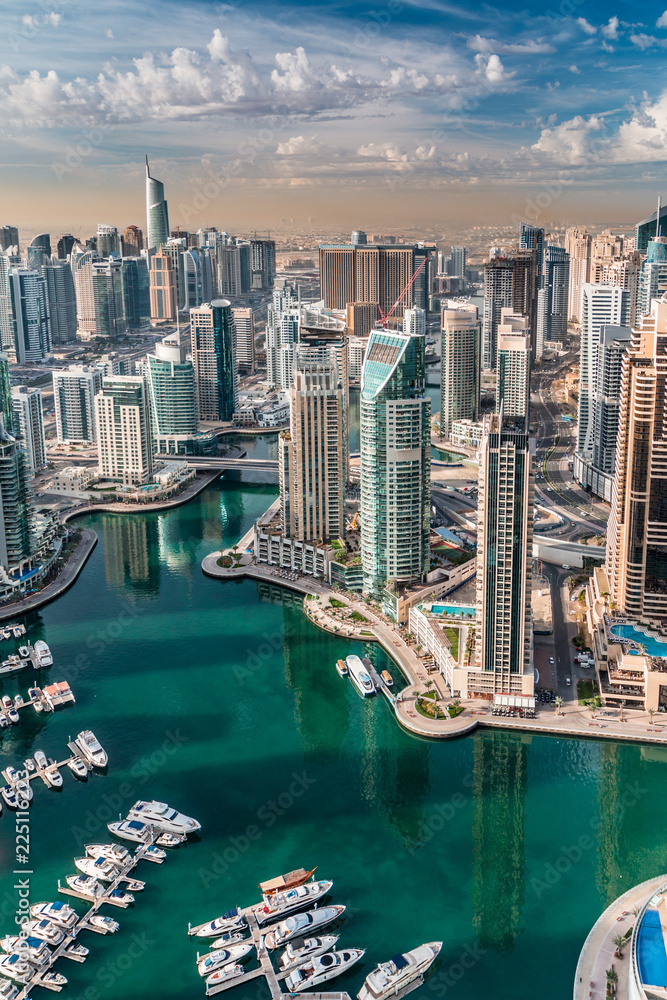 An impressive aerial top view of the city in Dubai Marina. Dubai ...